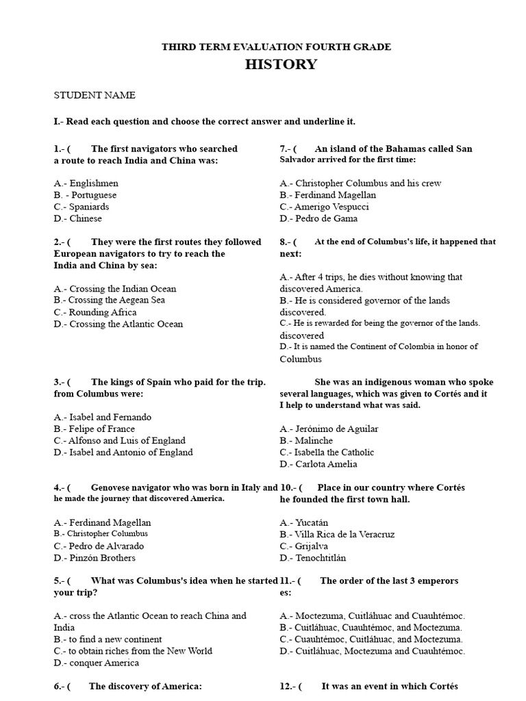 Fourth Grade History Evaluation | PDF | Hernán Cortés | Christopher ...