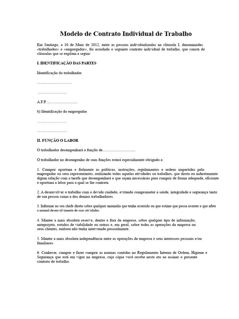 Modelo de Contrato de Trabalho Individual | PDF | Expediente | Cheque ...