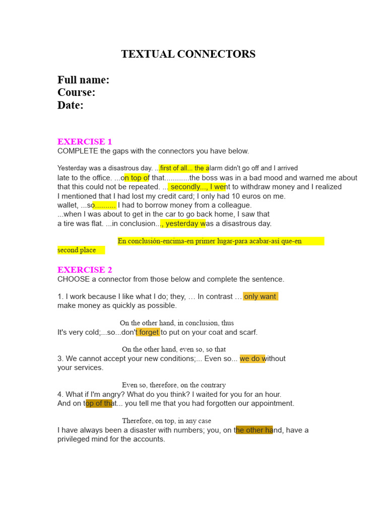 Textual Connectors Practice Exercises | PDF