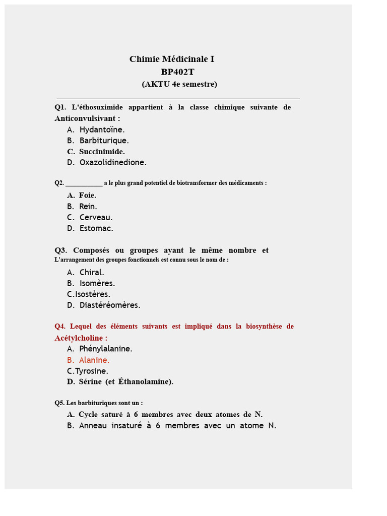 Chimie Médicale (Examen de QCM) | PDF | Acétylcholine | Métabolisme