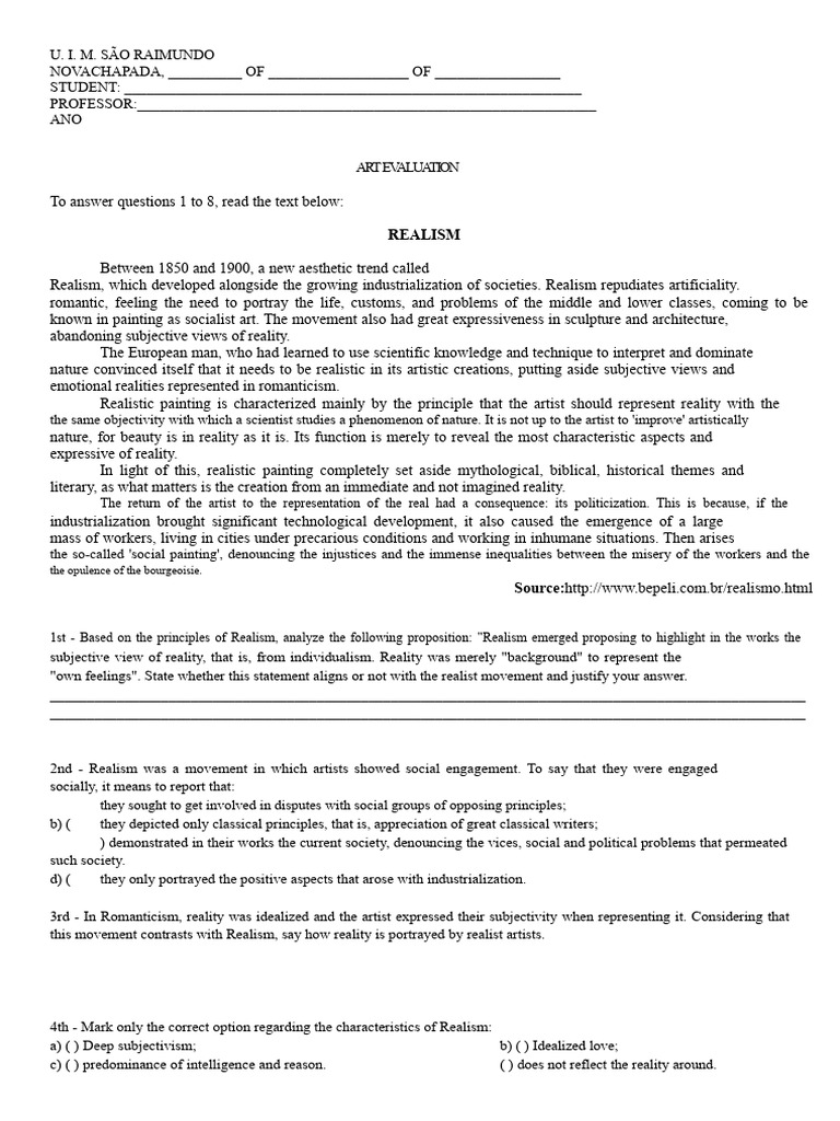 9th Year - Art Assessment - 2nd Term | PDF | Realism (Arts) | Reality