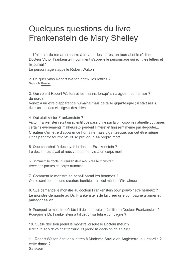 Quelques Questions Du Livre Frankenstein de Mary Shelley | PDF ...