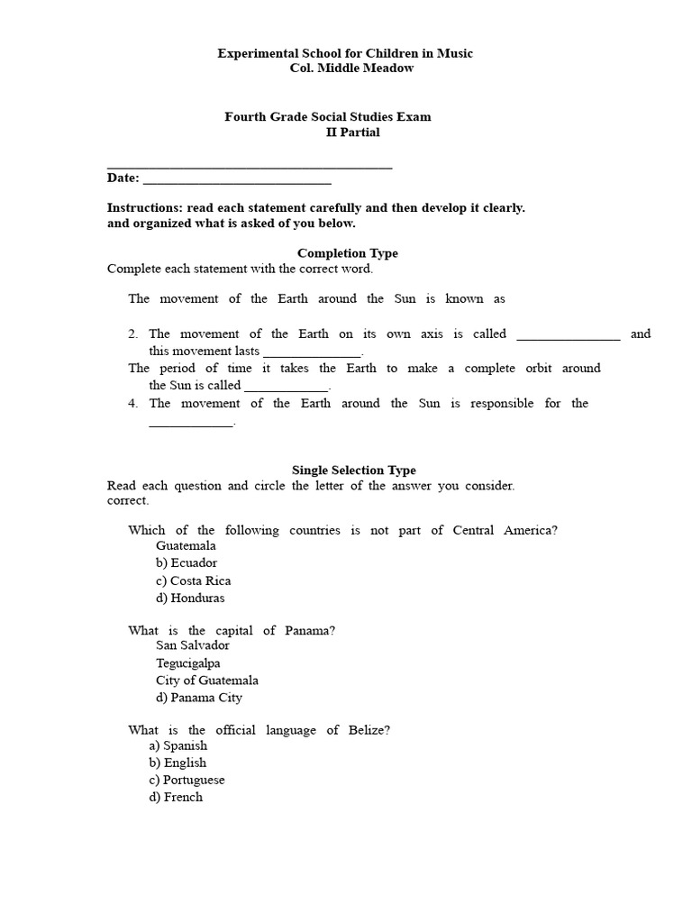 Social Studies Exam Fourth Grade | PDF