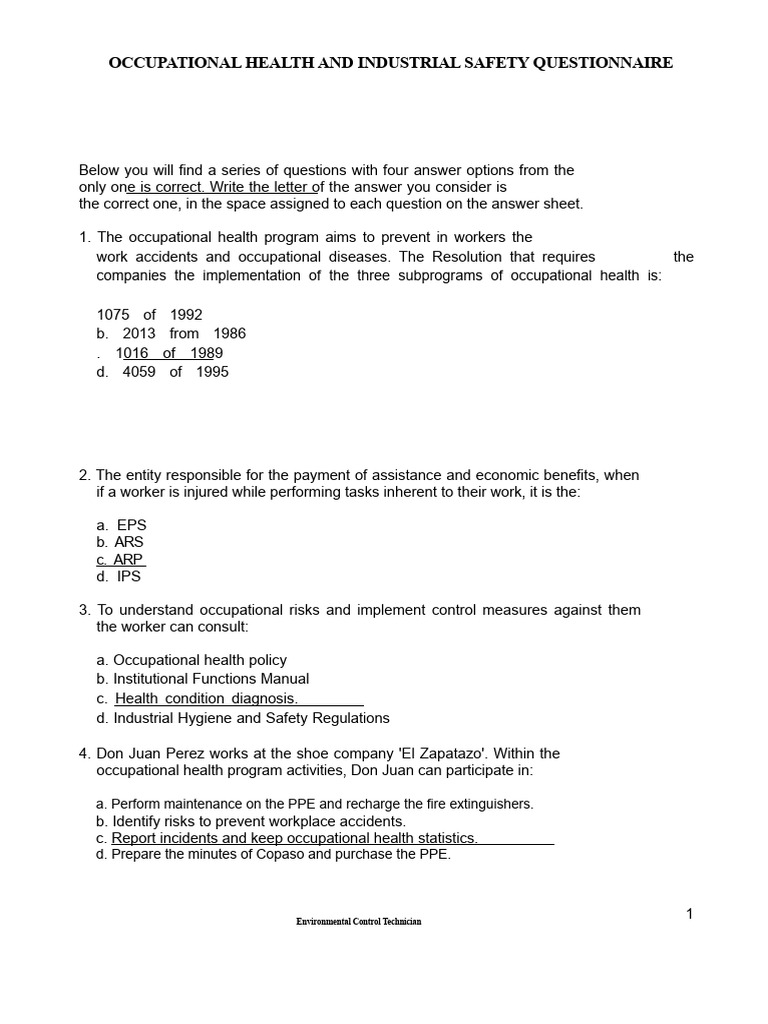 Occupational Health Safety Questionnaire | PDF | Occupational Safety ...