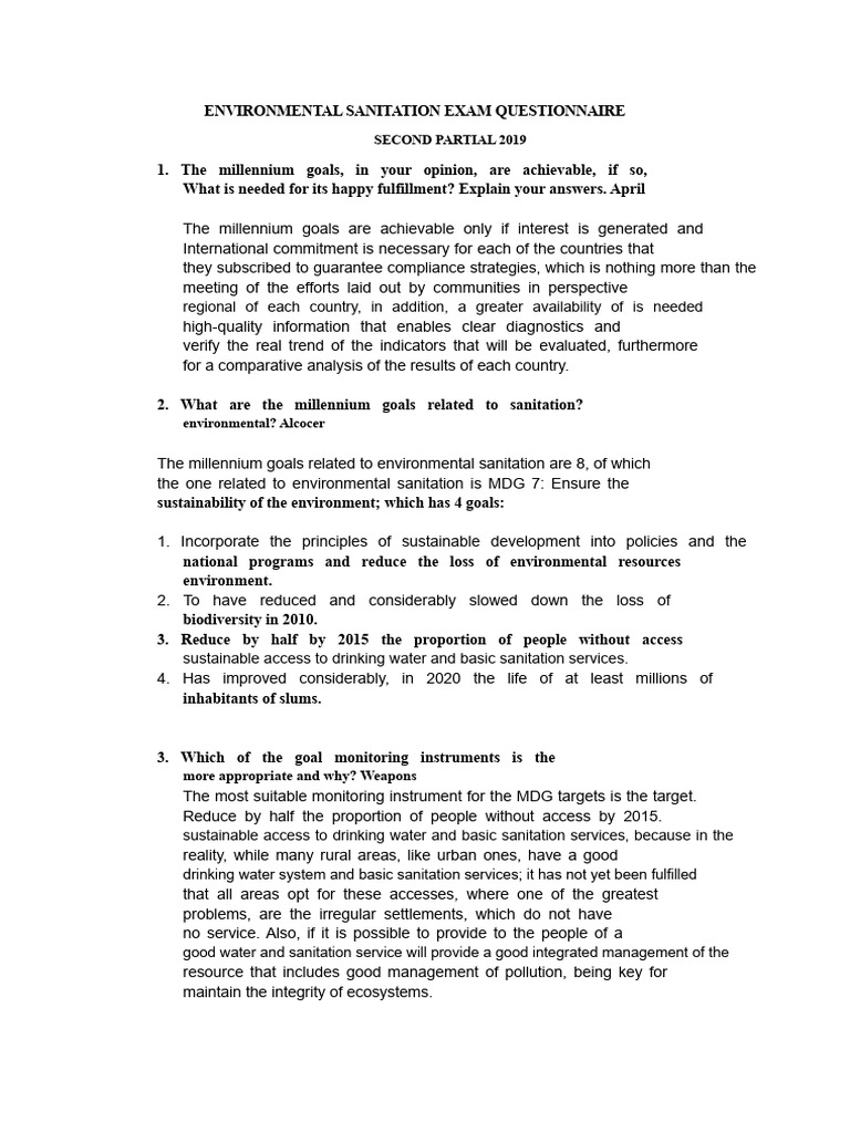 Environmental Sanitation Exam Questions | PDF | Sanitation | Millennium ...