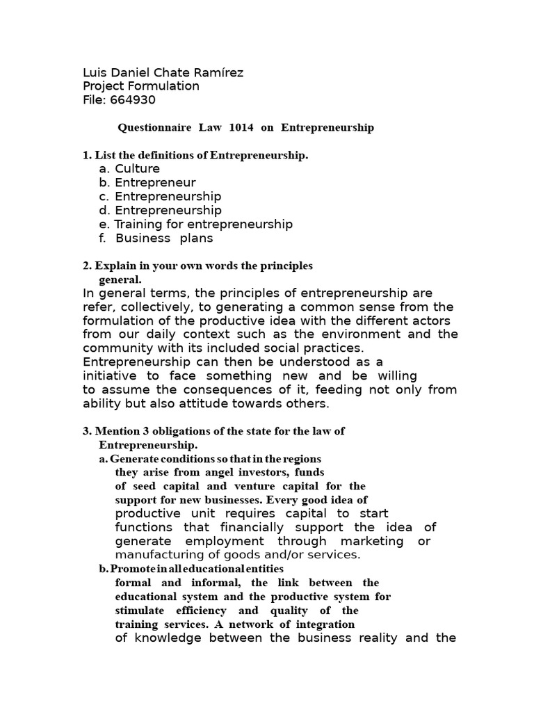 Questionnaire Law 1014 of Entrepreneurship | PDF | Entrepreneurship ...