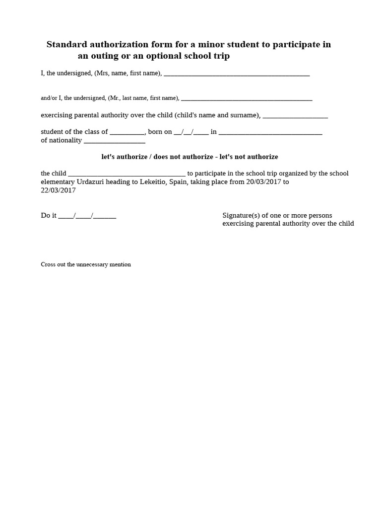 Authorization For School Outings by 1617 | PDF