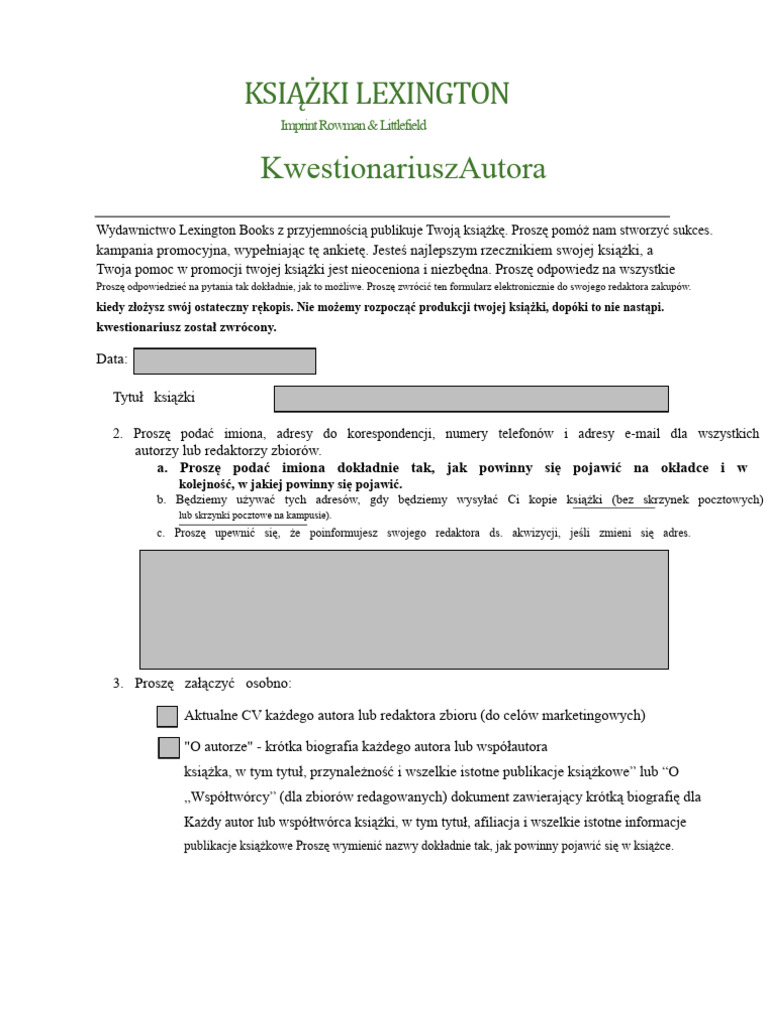 Kwestionariusz Autora Lexington Books | PDF