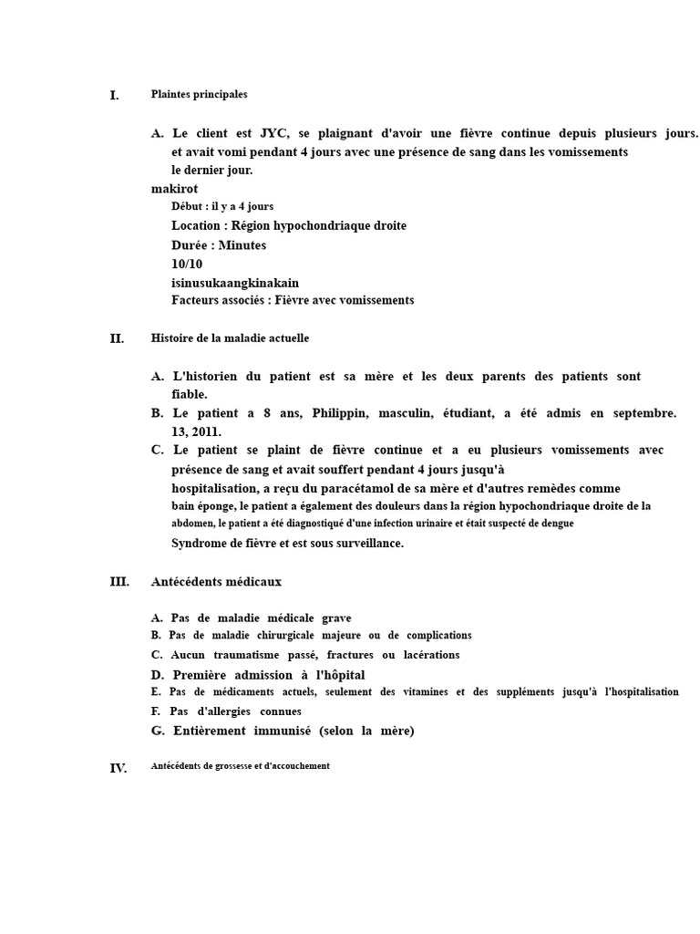 Plainte Principale | PDF | Allaitement | Fièvre