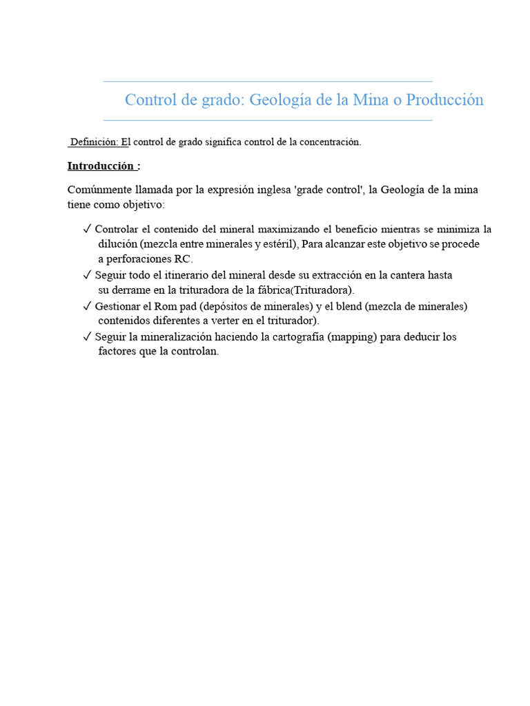 Control de Grado en Geología Minera | PDF | Minería | Minería de superficie