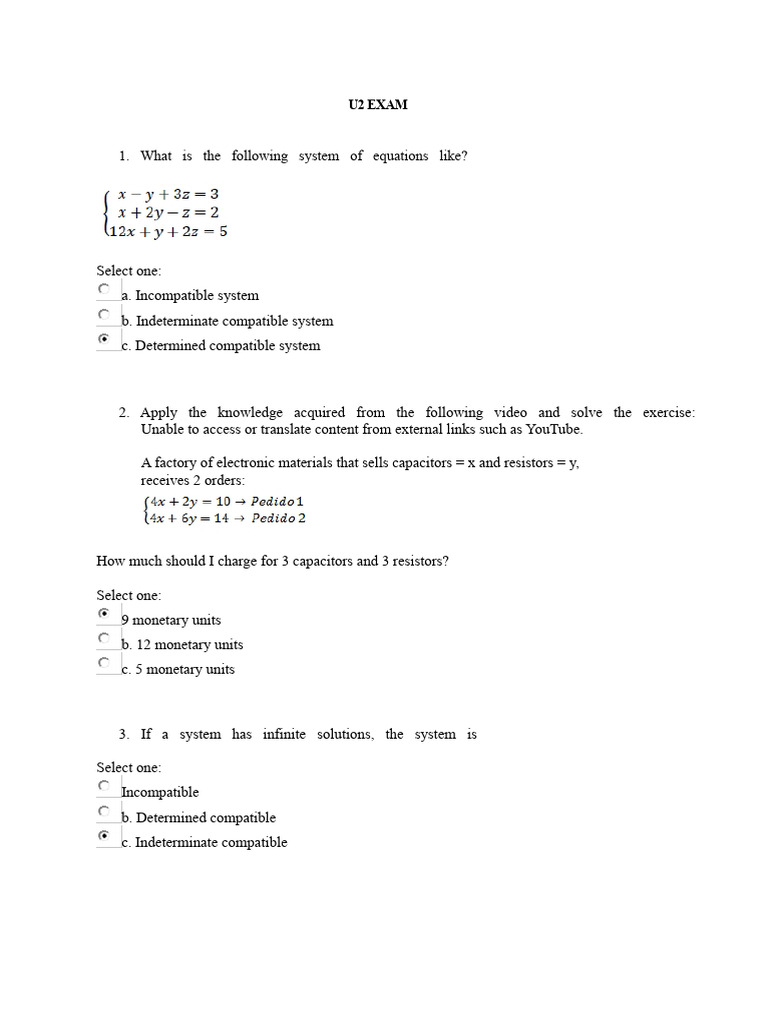 U2 Exam Linear Equation Systems | PDF