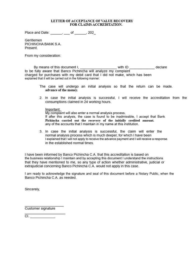 Letter of Acceptance of Recovery of Values For Advance Credit of Claims ...