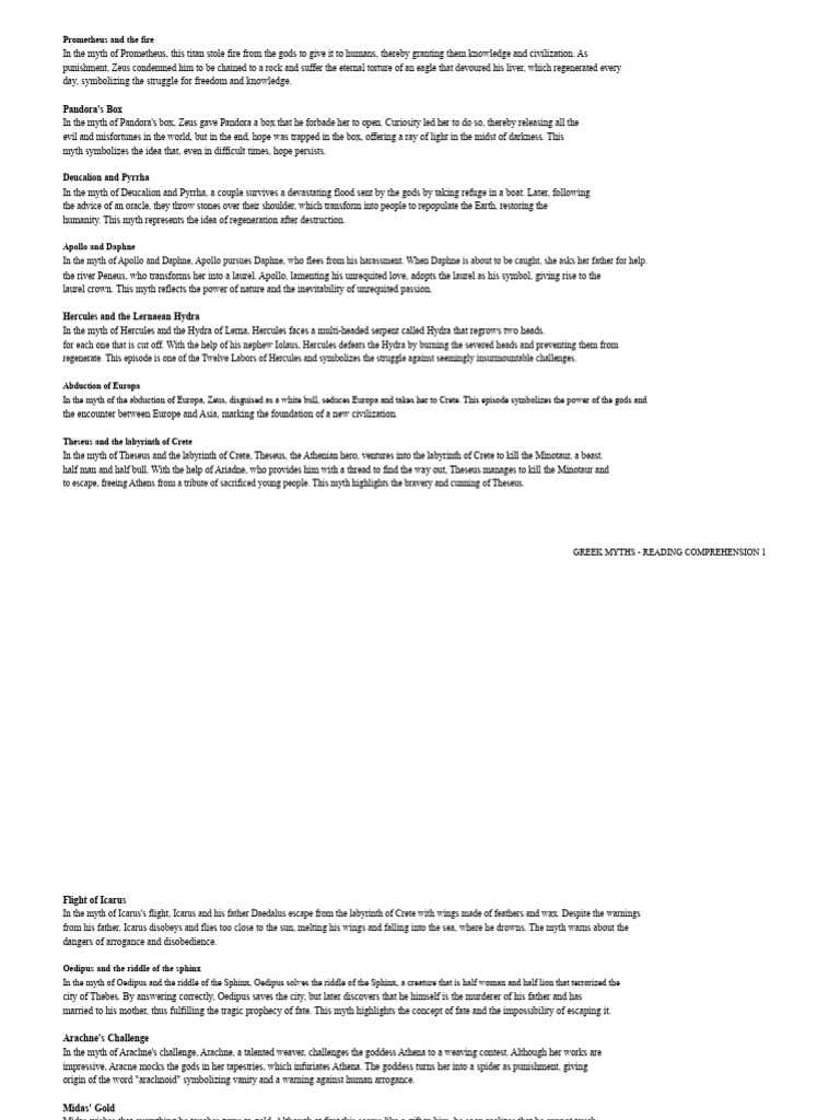 Greek Myths - Reading Comprehension | PDF | Theseus | Greek Mythology