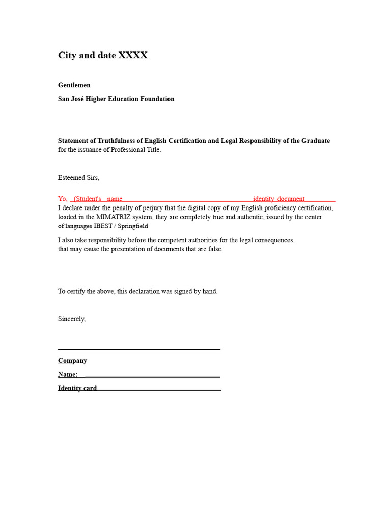 English Certification Truthfulness Statement | PDF