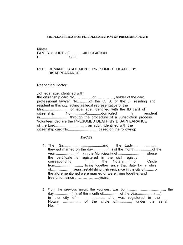 Presumed Death Declaration Application | PDF | Government | Judiciaries