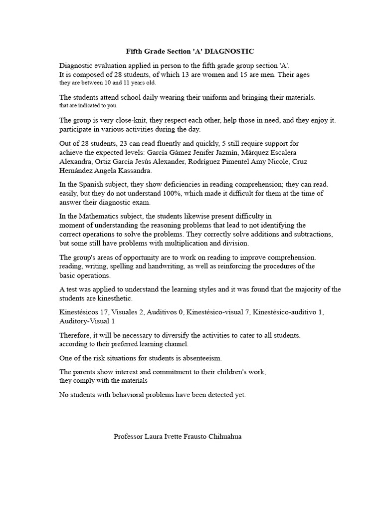 Fifth Grade Section A Diagnostic Report | PDF