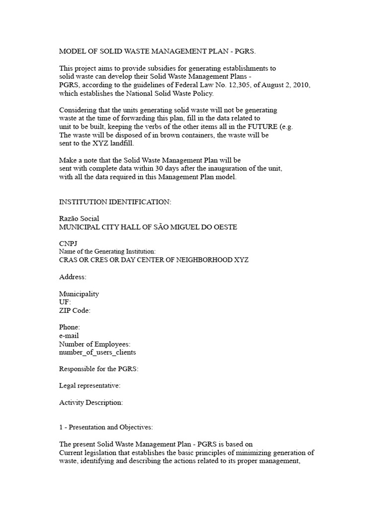 Solid Waste Management Plan Template | PDF | Waste | Waste Management