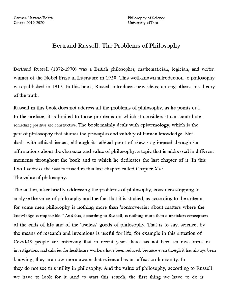 Value of Philosophy in Russell's Work | PDF | Knowledge | Bertrand Russell