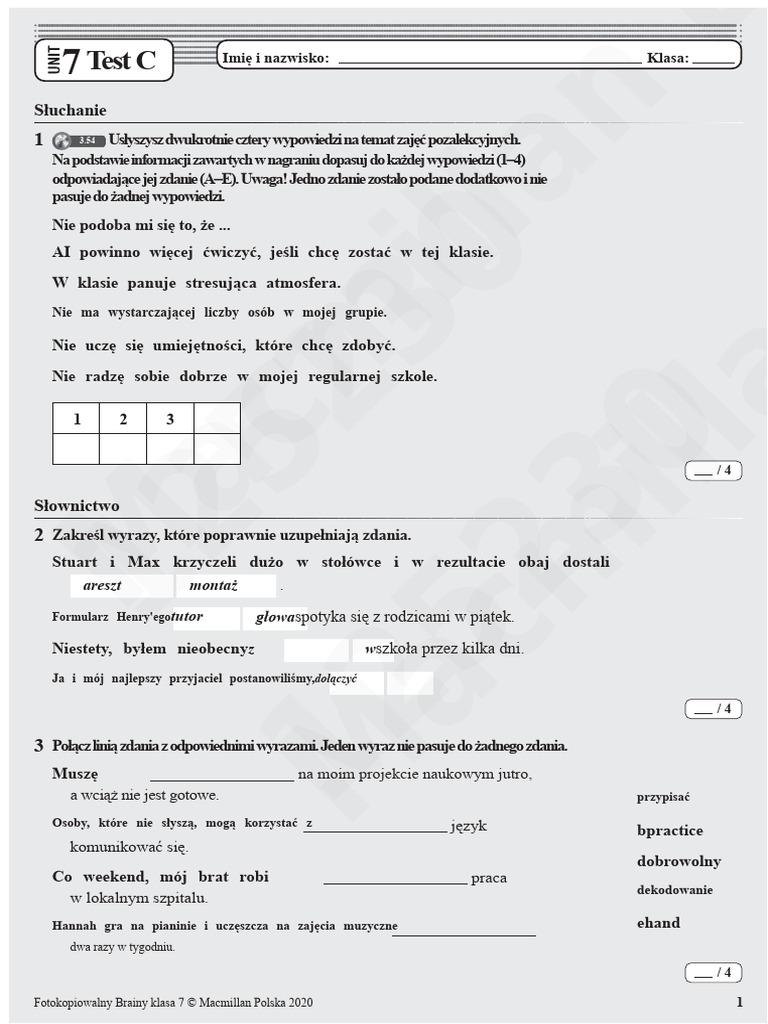 Brainy kl7 Test Jednostkowy 7 C | PDF