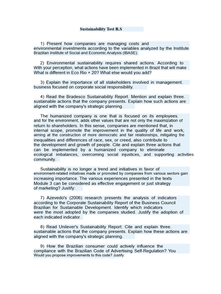 Questions - Sustainability Exam | PDF | Sustainability | Corporate ...