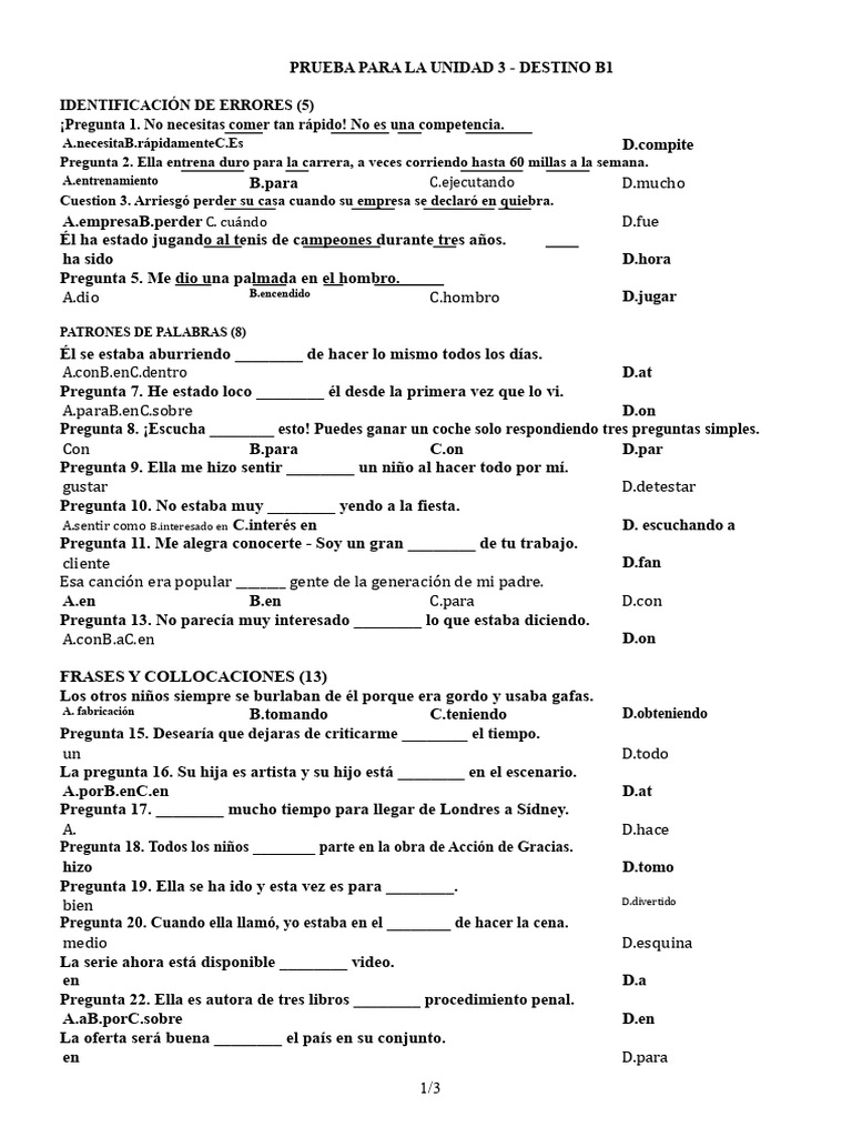 Prueba Unidad 3 Destino B1 | PDF