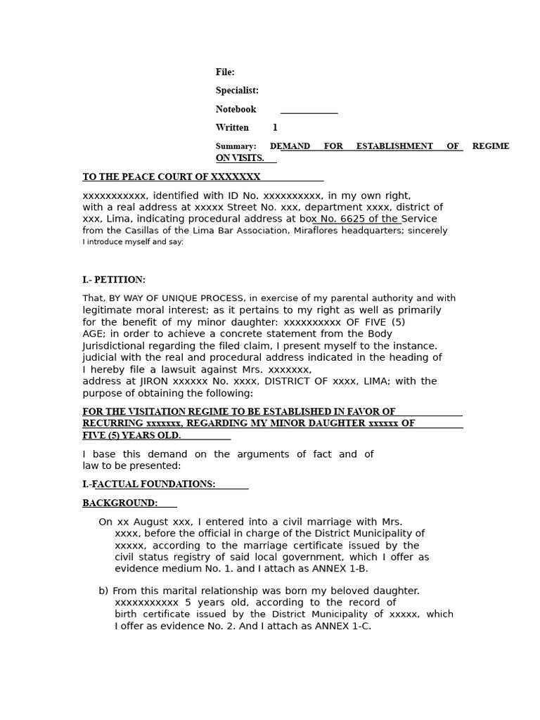 Model of Petition For Establishment of Visitation Regime | PDF | Child ...
