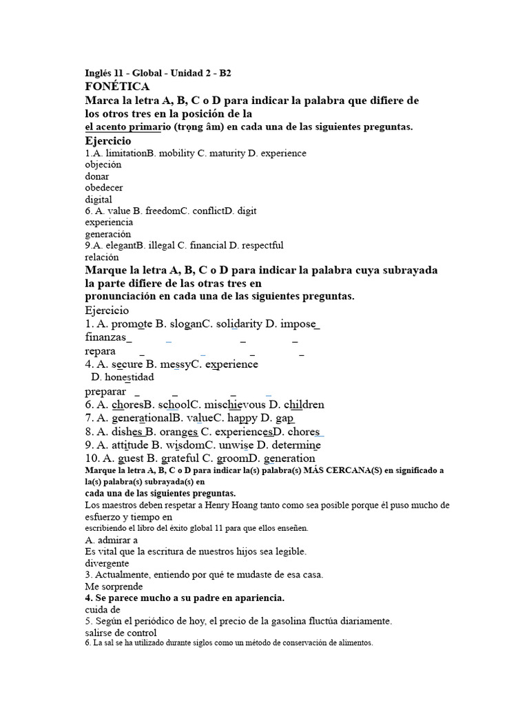 Inglés 11 - Éxito Global - Parte 2 - Unidad 2 - Fonética - Examen | PDF