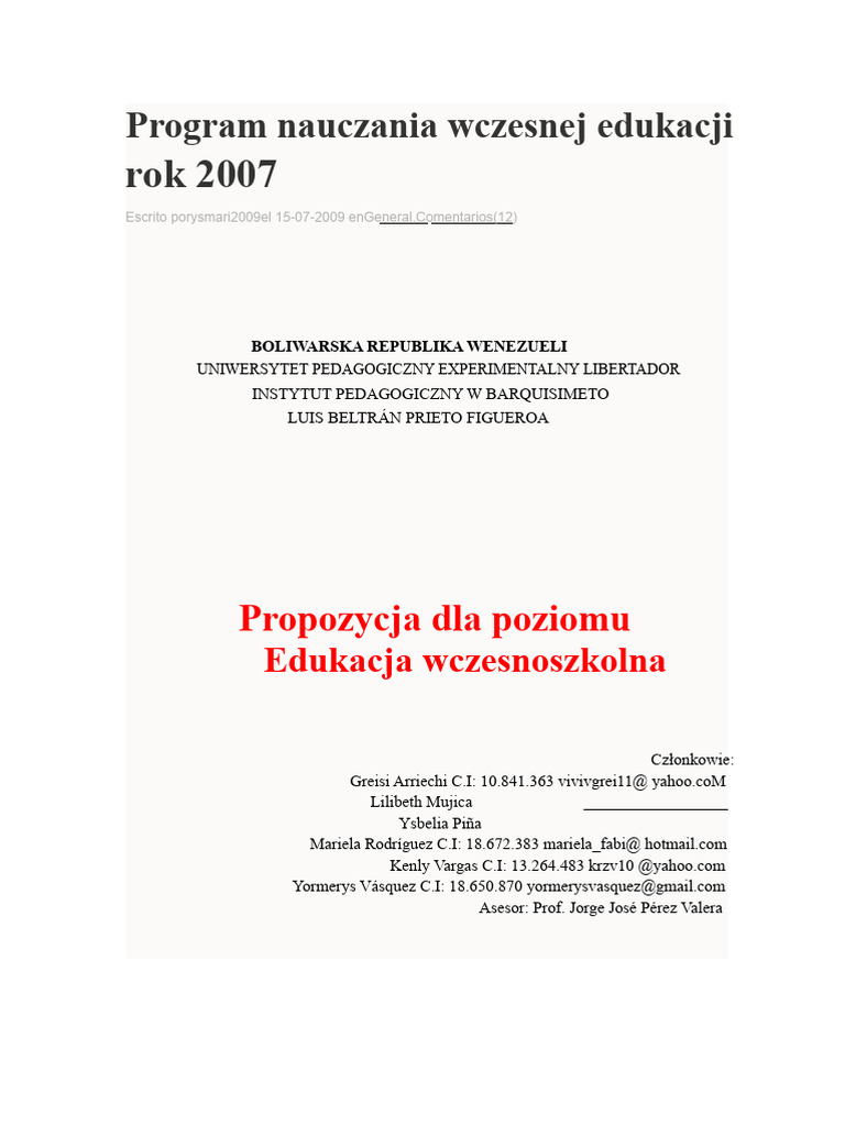 Program Nauczania Wczesnej Edukacji Rok 2007 | PDF