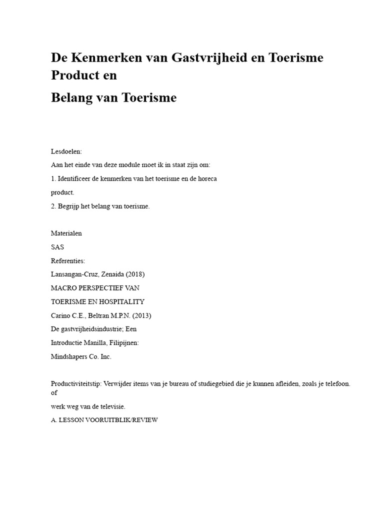 De Kenmerken Van Gastvrijheid en Toerisme Product en | PDF