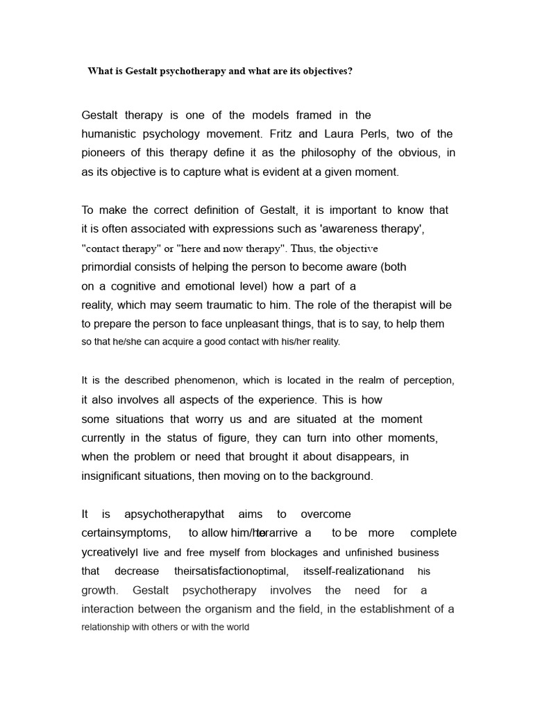 Gestalt Therapy and Its Objectives | PDF | Gestalt Therapy | Psychotherapy