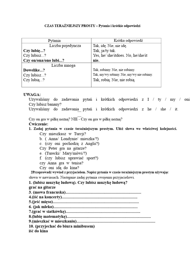 Present Simple - Doc Pytania I Krótkie Odpowiedzi | PDF
