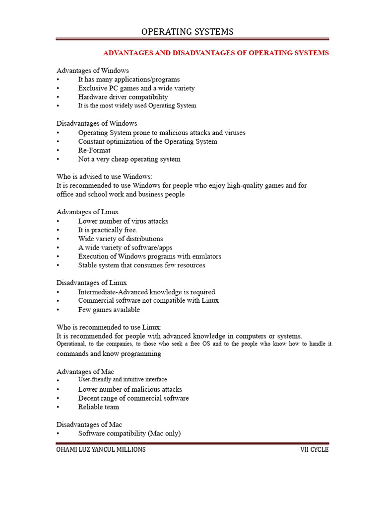 Advantages and Disadvantages of Operating Systems | PDF | Operating ...