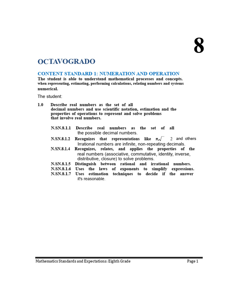 Standards and Expectations For 8th Grade Mathematics | PDF | Equations ...