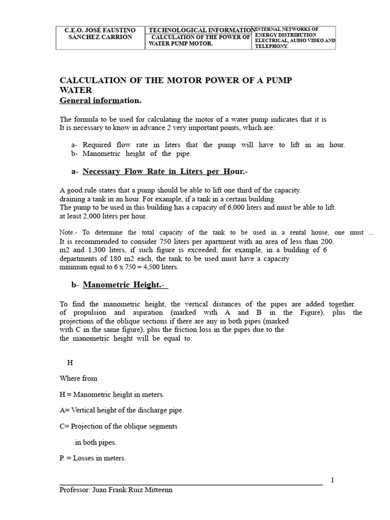 Water Pump Motor Power Calculation | PDF | Pressure Measurement | Fluid ...
