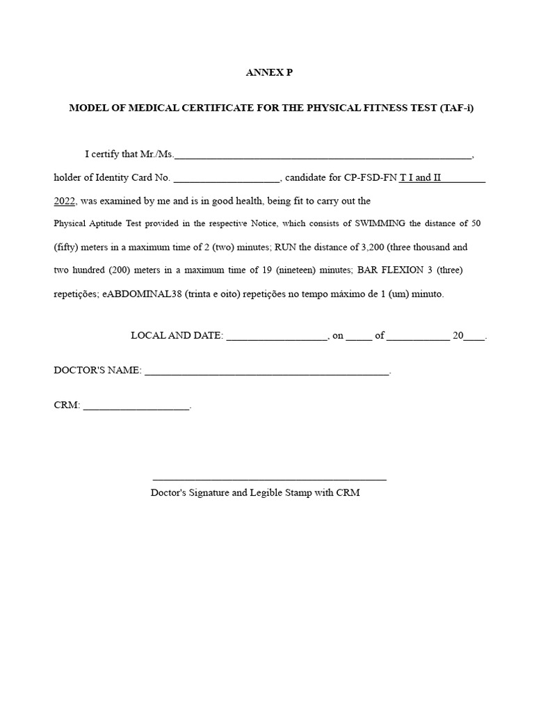 Medical Certificate for Physical Fitness Test | PDF