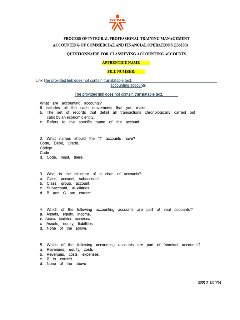 EVALUATION INSTRUMENT ACCOUNTING ACCOUNT CLASSIFICATION QUESTIONNAIRE ...