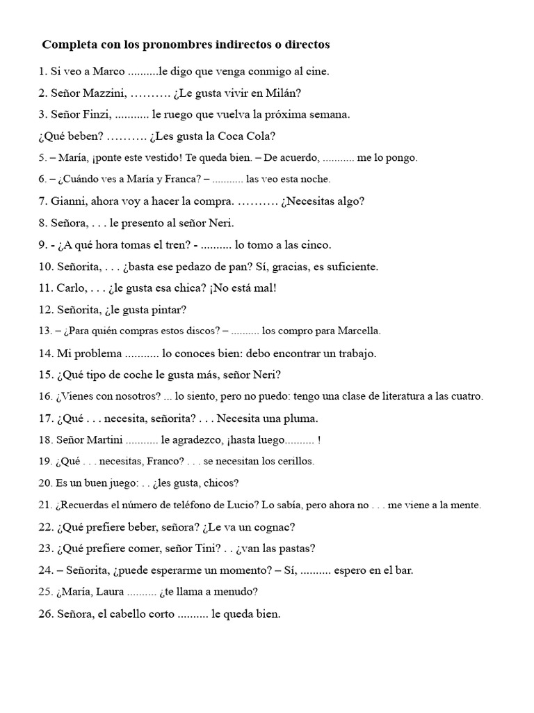 Completa Con Los Pronombres Indirectos o Directos. | PDF