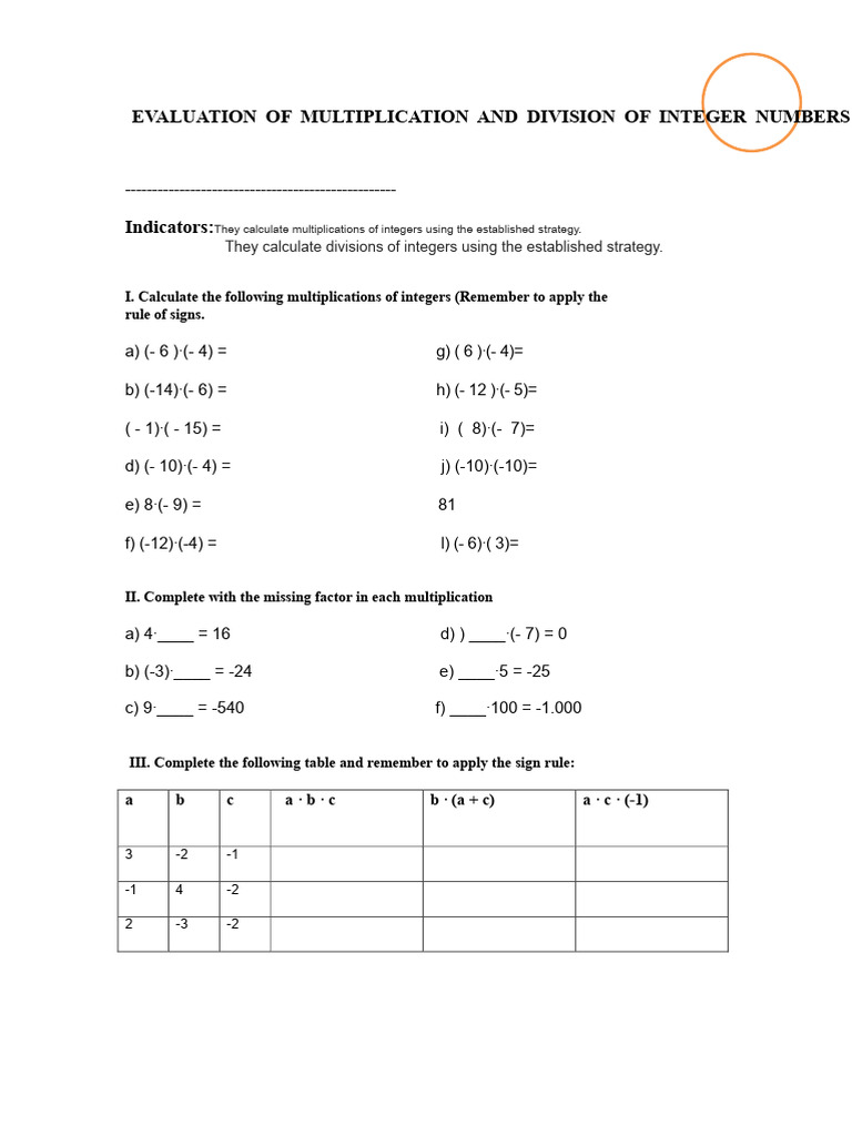 Evaluation of Multiplication and Division of Integers | PDF