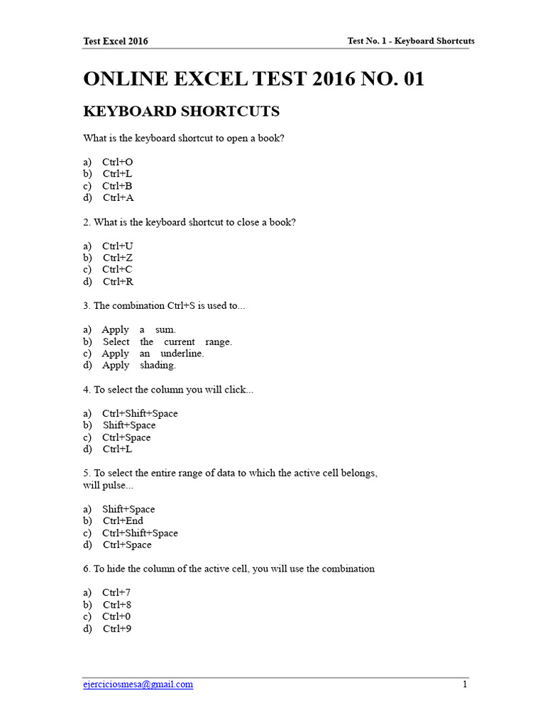 Test Online Excel 2016 No 01 Keyboard Shortcuts | PDF | Microsoft Excel ...