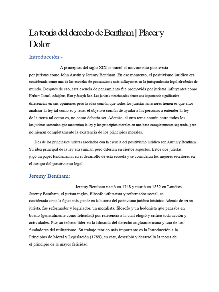 Teoría del Derecho de Bentham: Placer y Dolor | PDF | Placer | Utilitarismo