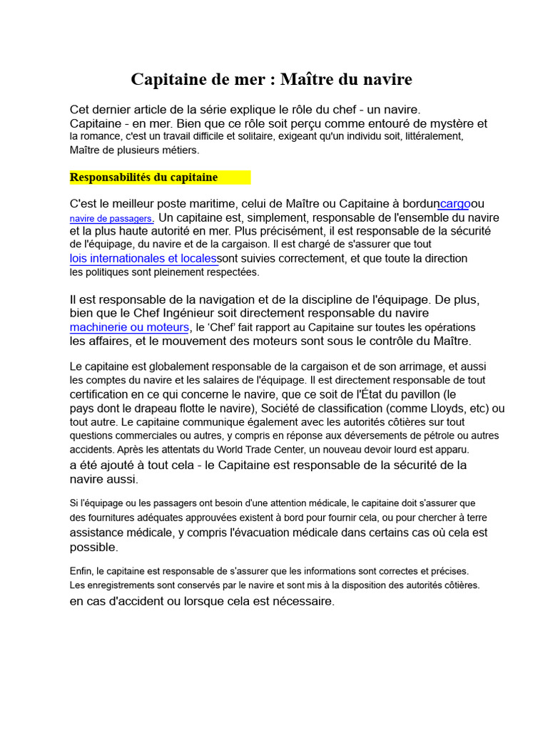 Rôle et responsabilités du capitaine de navire | PDF | Sécurité | Bateaux