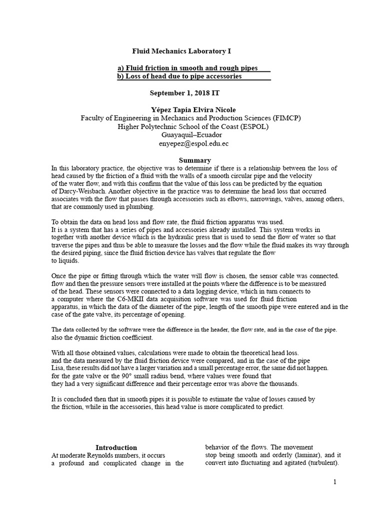 Fluid Mechanics Laboratory I Espol A) Fluid Friction in Smooth and Rough Pipes B) Head Loss Due ...