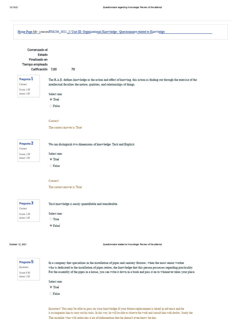 Questionnaire Regarding Knowledge - Review of The Management Attempt II | PDF | Knowledge ...