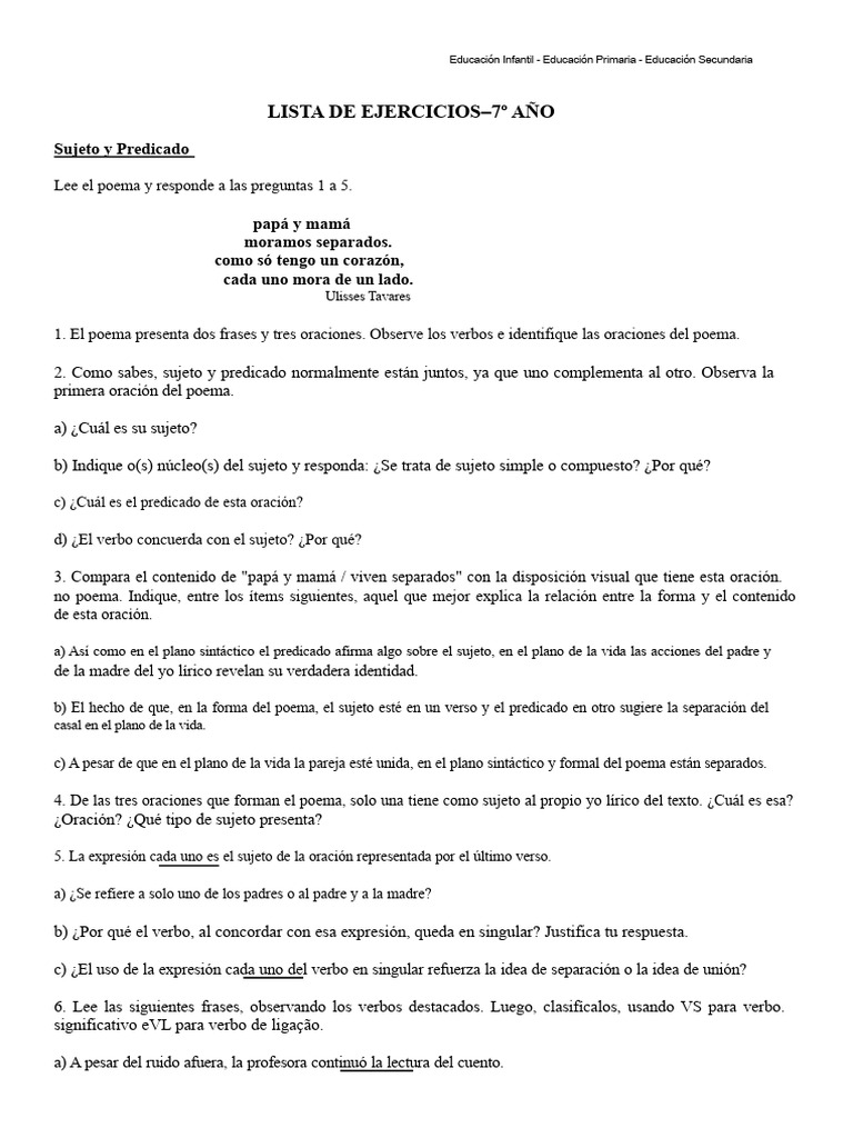 Ejercicios de Sujeto y Predicado 7º Año | PDF | Asunto (gramática ...