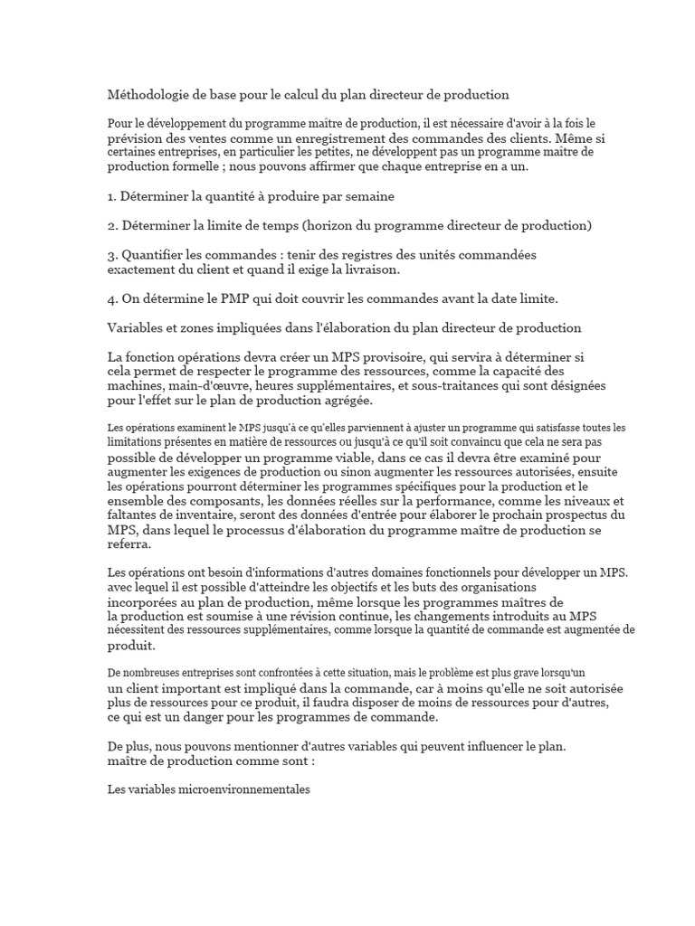 Méthodologie du plan directeur de production | PDF | Commercialisation ...