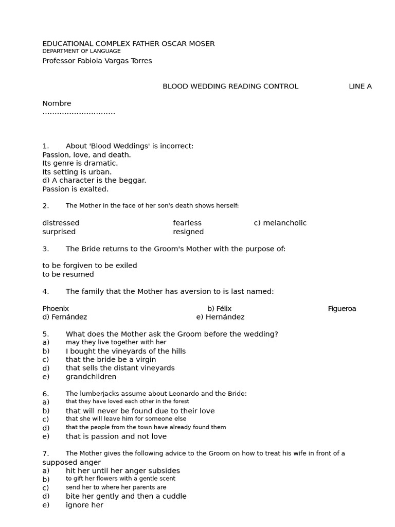 Reading Control of Blood Wedding by Federico García Lorca | PDF