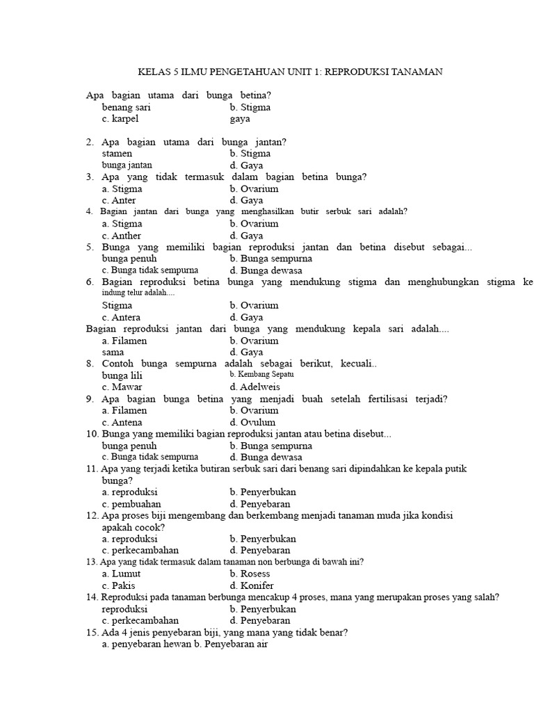Kelas 5 ILMU PENGETAHUAN UNIT 1 Reproduksi Bunga | PDF