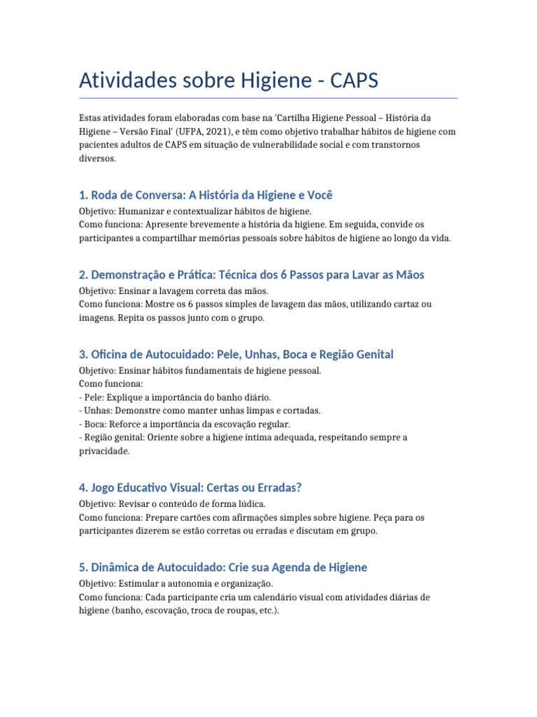 Atividades Higiene CAPS | PDF