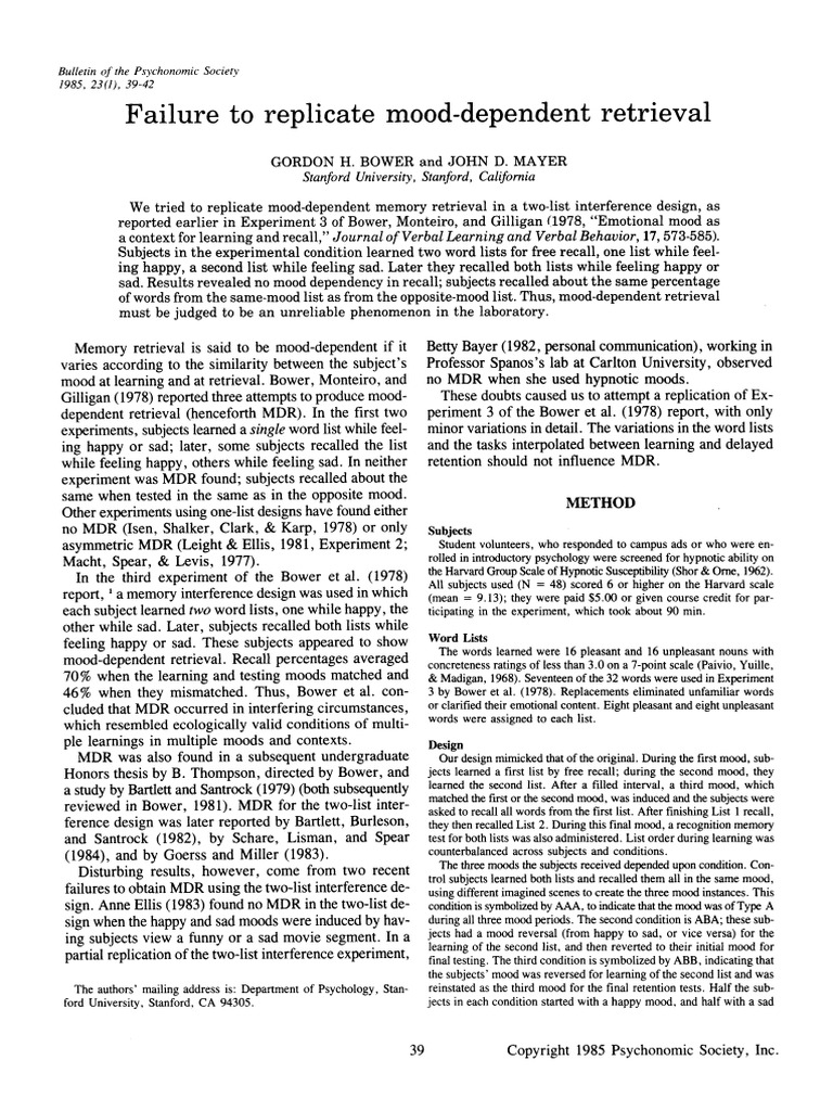Failure to Replicate Mood-Dependent Retrieval | PDF | Recall (Memory ...