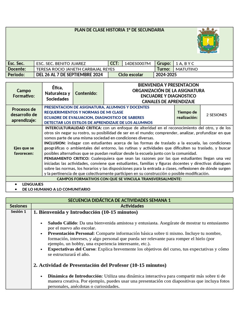 Plan de Clase Historia 1° Secundaria | PDF | Evaluación | Aprendizaje